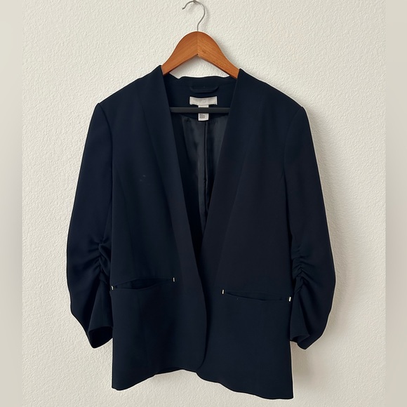 H&M | Jackets & Coats | Hm Navy Blazer With Ruched 34 Sleeves | Poshmark